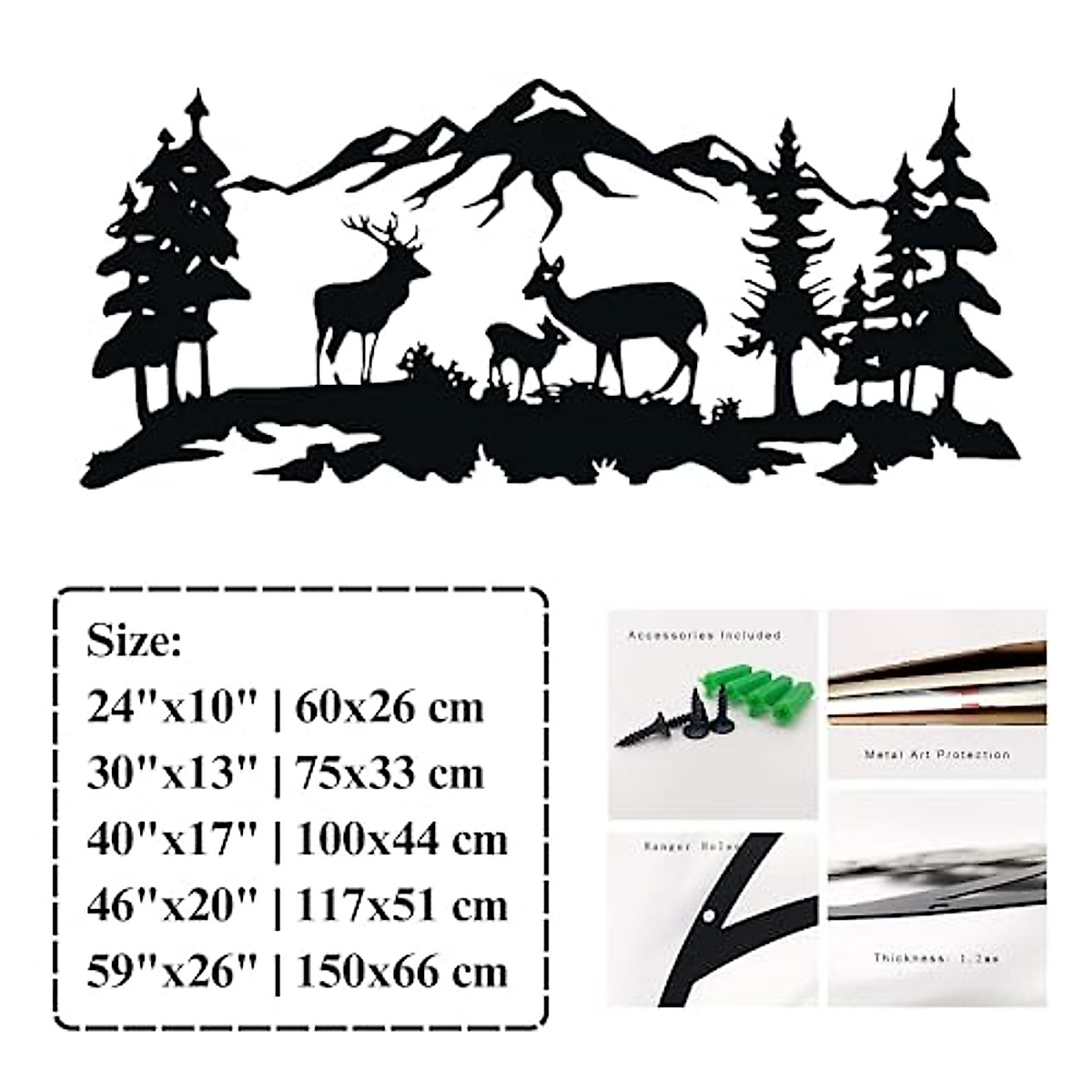 fayholy Metal Wall Art - Metal Deer Family art, Metal Wall Decor, Wildlife Lover Gift, Tree Mountain Decoration, Wall Hangings, Nature Wall Art (Silver, 24"x10" | 60x26 cm)