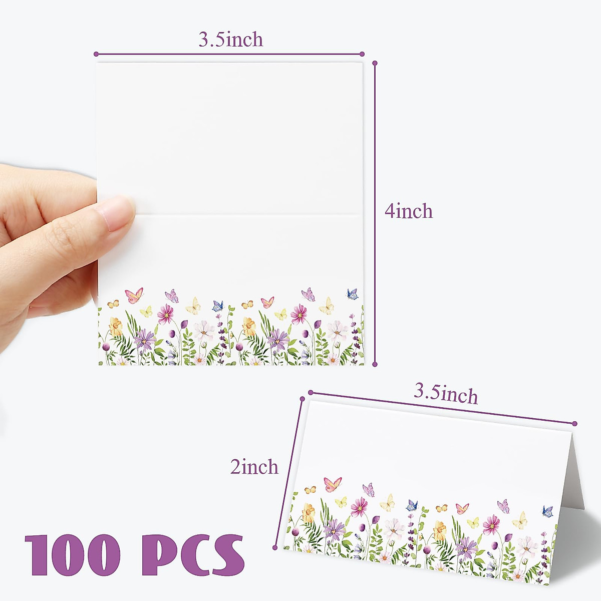 Whaline 100Pcs Floral Place Cards 3.5 x 2 Inch Wildflower Butterfly Tented Cards Seating Cards Blank Table Name Signs for Spring Holiday Buffet Party Table Setting Supplies