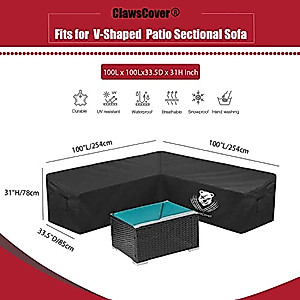 ClawsCover V-Shaped Outdoor Patio Sectional Sofa Covers Waterproof Heavy Duty Rip-Stop Anti-UV Oxford Cloth Patio Furniture Couch Cover Protector,6 Windproof Straps,Air Vent,100" L/100 Lx 32" Dx31 H
