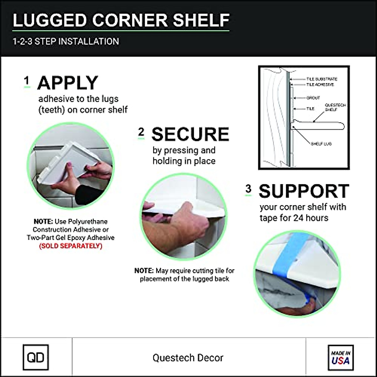 Questech Décor 8 Inch Corner Shower Shelf Bathroom Caddy, Lugged For New Construction, Corner Shower Shelf For Tiled Shower Walls, Corner Bathroom Shelf, 8 Inch Geo Lugged, Bright White Polished