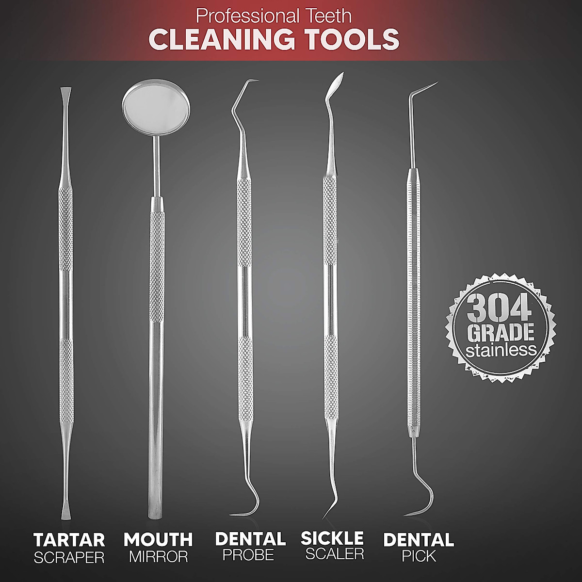 Dental Hygiene Kit Best for Personal Use Deep Tooth Cleaning - Calculus Plaque Remover Set - Scaler Instruments, Tartar Scraper, Tooth Pick, Mouth Mirror -Premium Stainless Steel 5pc Dentist Tools Set