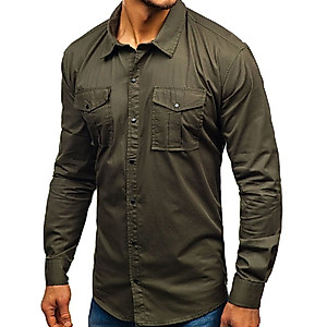 Men's Long Sleeve Hiking Shirts Lightweight Tactical Button Down Cargo Shirt Plain Slim Fit Shirt with Pockets (Armygreen,3X-Large)