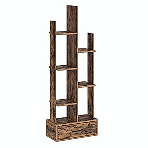 Rolanstar Bookshelf Bookcase with Drawer, Free Standing Tree Bookcase, Display Floor Standing Storage Shelf for Books CDs Plants,Utility Organizer Shelves for Living Room, Bedroom,Rustic Brown