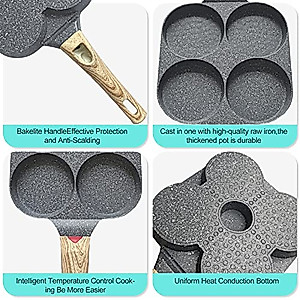 NGORAY Pancake Egg Frying Pan Nonstick Mini - 4 Cups Omelet Poached Egg Pan for Breakfast Divided Coating with Non Sticking Handle Suitable Pancakes for All Stoves Top (Wood grain handle)
