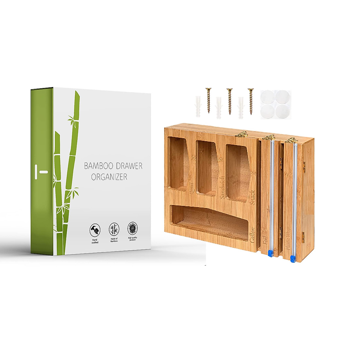 Bamboo Ziplock Baggies Storage Bag Organizer, sandwich bag organizer, Aluminum Tin Foil and Wrap Cutter Dispenser, Drawer or wall Organization,6 in 1 Kitchen Holder