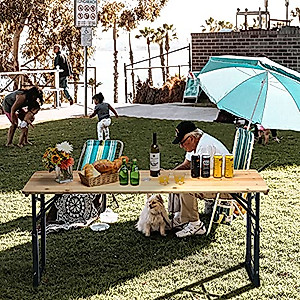 Giantex Folding Picnic Table, Wood Outdoor Table with Umbrella Hole, Adjustable Metal Legs, Patio Bistro Table for Garden Party Backyard, Rectangular Camping Table No Assembly