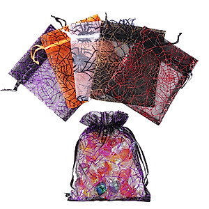 100PCS Halloween Organza Bags Gift Jewelry Candy Bags for Halloween Party Including 5 Patterns 4x4.8Inch