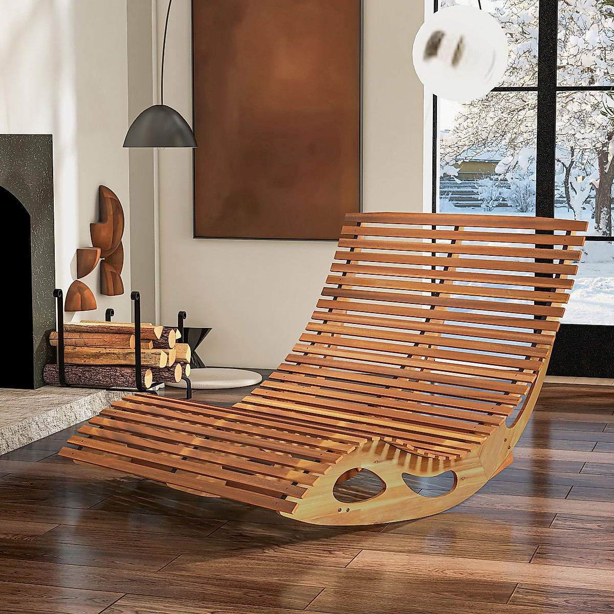 HAPPYGRILL Outdoor Acacia Wood Double Chaise Lounge, Rocking Chair with High Back, Slatted Seat, Stopper, Outside Wood Rocker for 2, 440 Lbs Capacity Sun Lounger Loveseat