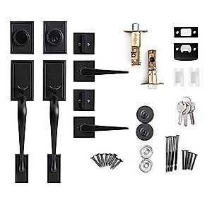 GUA OYH Double Front Door Handle Matte Black Double Door Lock Keyed Dummy Door Lock Set with Handle Lever for Front Door or Office Door (L361516-B-S118)