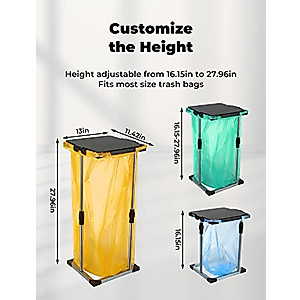 yamagahome Metal Trash Bag Holder, 16-28 Inch Height Adjustable Garbage Bag Holder with Lid, Clamp Ring and Corner Protection, Collapsible Outdoor Waste Bins, Trash Bag Stand for RV and Camping, Black