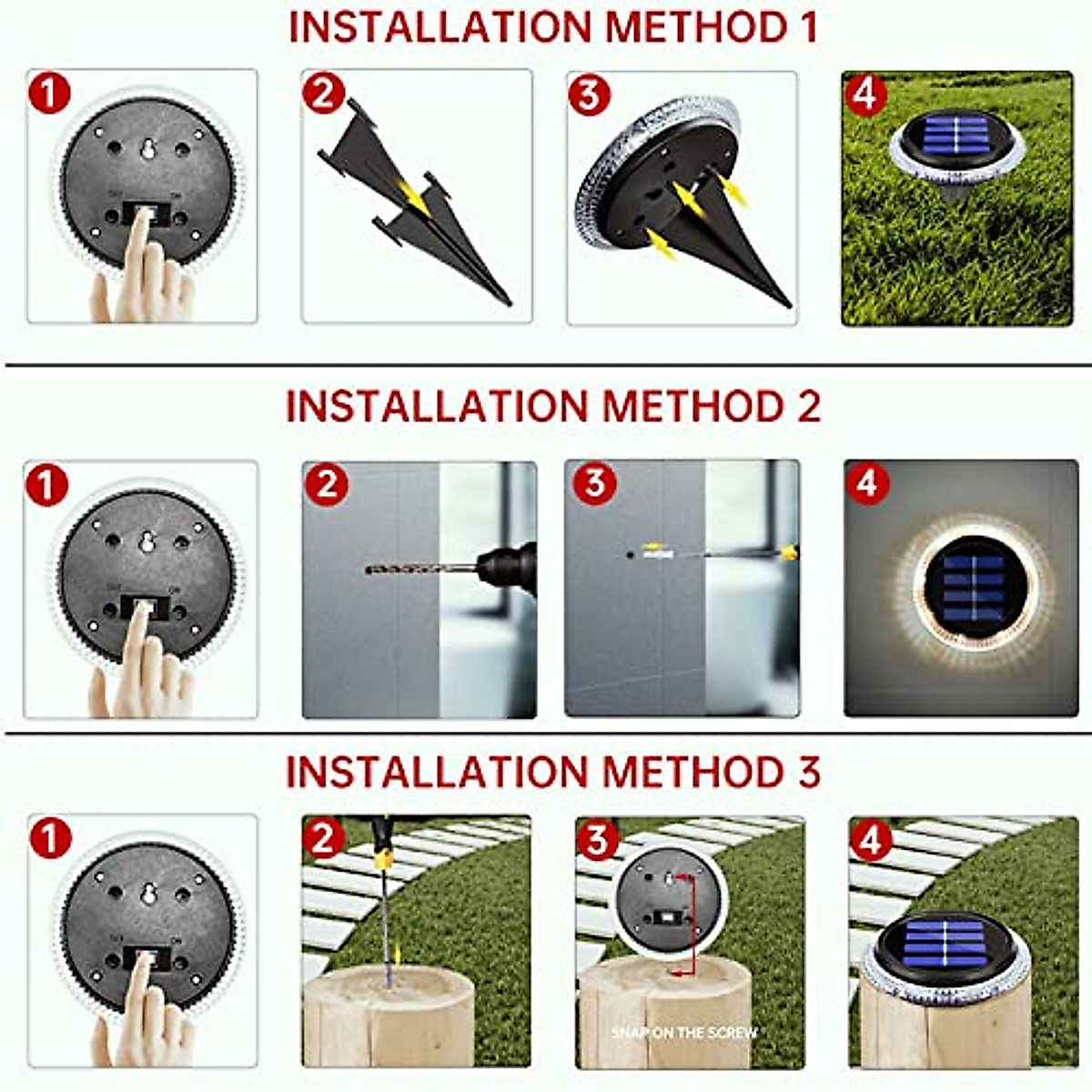 ASLIDECOR Solar Ground Lights Outdoor Waterproof,Warm White Solar Step Lights,2 Pack 8 Led Solar Disk Lights for Outside Stairs Decks Walls(Warm White)