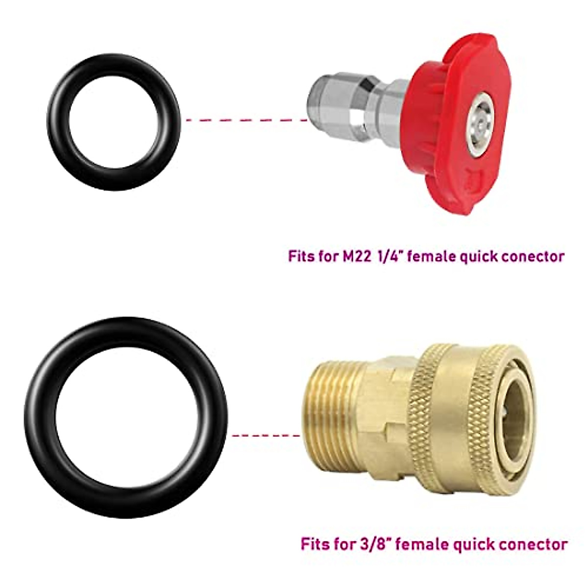 CKANDAY 5 Pack Pressure Washer Spray Nozzles Tips + 40 Pcs O-Rings Replacement for 1/4 inch and 3/8 inch, 5 Degrees Nozzles 1/4 Inch Quick Connection Tips with M22 Quick Connect Coupler Set, 4000 PSI