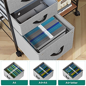 YITAHOME 3 Drawer Lateral File Cabinet, Mobile Printer Stand with Open Storage Shelf and Hook, Rolling Fabric Filing Cabinet for Home Office, Fits A4/Letter Size, Light Grey