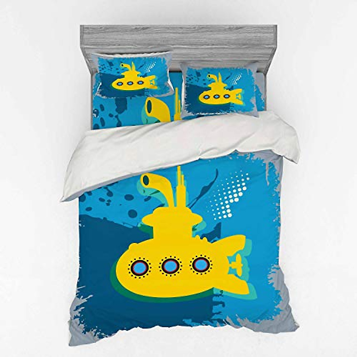 Ambesonne Yellow Submarine Bedding Set, Illustration of a Submarine Bubbles Under The Sea Print, 4 Piece Duvet Cover Set with Shams and Fitted Sheet, California King, Mustard and Petrol Blue