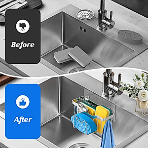 MURLONG Sink Caddy Sponge Holder for Kitchen Sink, Kitchen Sink Organizer 304 Stainless Steel for Dish Brush, Sponge, Soap Scrubber, Sink Stopper with Adhesive 2 Installation Ways-Silver