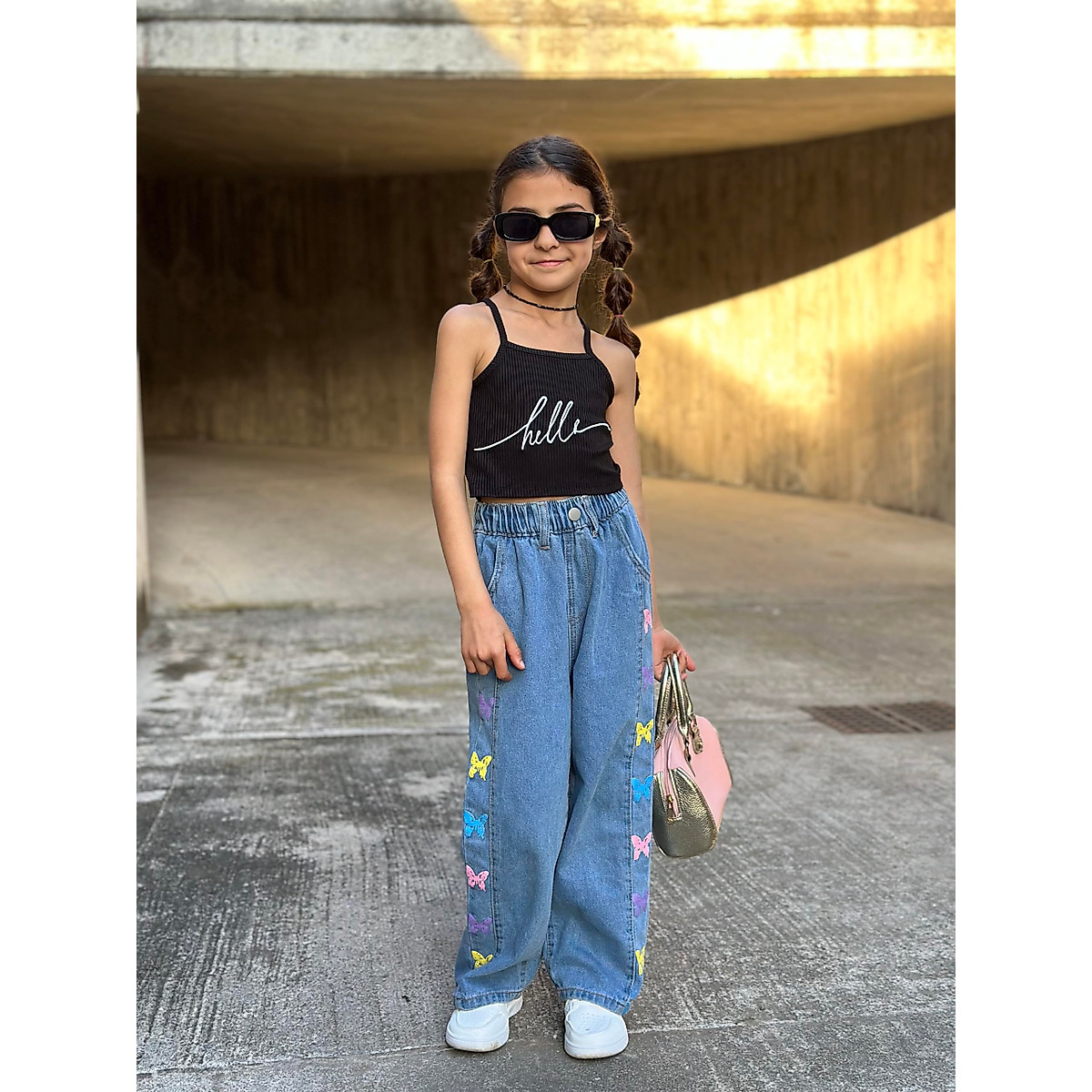 Rolanko Big Girls Baggy Jeans Elastic Wide Leg Stretch Denim Pants Loose Kids Clothes (Colorful Butterfly, 14-16)