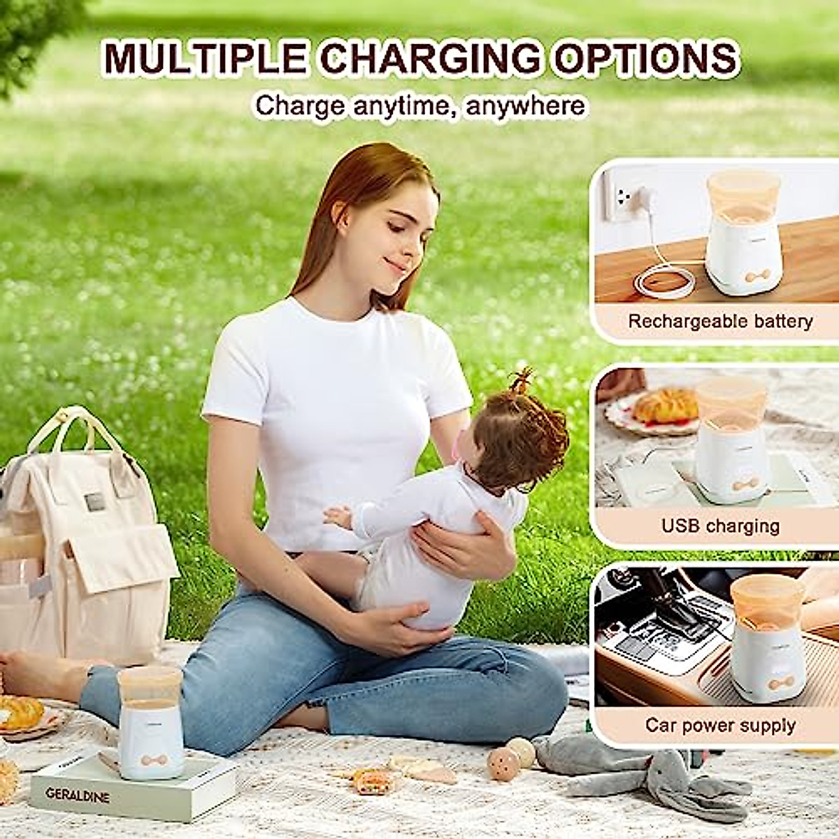 Bottle Warmer, Portable Bottle Warmer for Travel with 4 Adapters, Rechargeable Fast Heating Baby Bottle Warmer with Precise Temperature Selection for Baby Breastmilk, Water, Formula