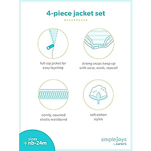 Simple Joys by Carter's Baby Girls' 4-Piece Jacket, Pant, and Bodysuit Set, Black Dots/Mint Green Unicorn/White Snowflake/Floral, 18 Months