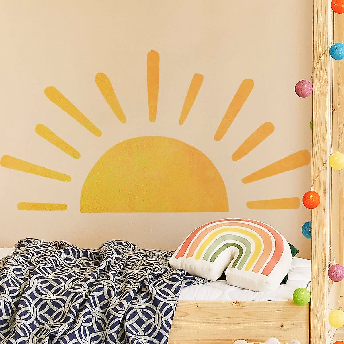 45.6x23.8 Inch Boho Half Sun Wall Decals Removable Sunshine Wall Sticker Vinyl Peel and Stick Half Sun Decals Wall Art for Girls Kids Bedroom Nursery Playroom Decor