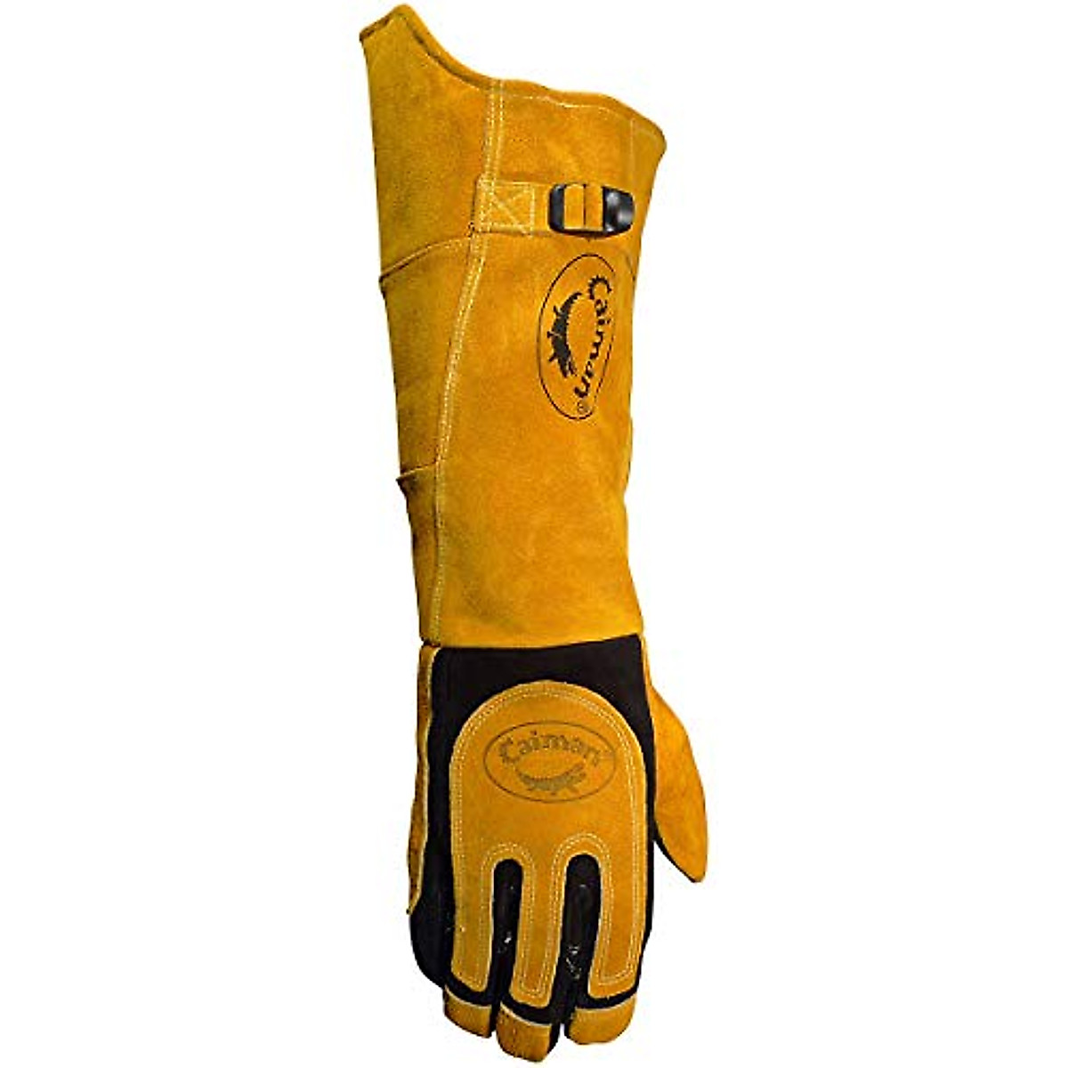 Caiman Premium Split Deerskin MIG/Stick Welding Gloves with Fleece/Foam Insulation, 21-inch length, Split Cowhide Leather Heat Shield Patch, Sock Lined Foam, Kevlar, Black/Gold, X-Large (1878-5)