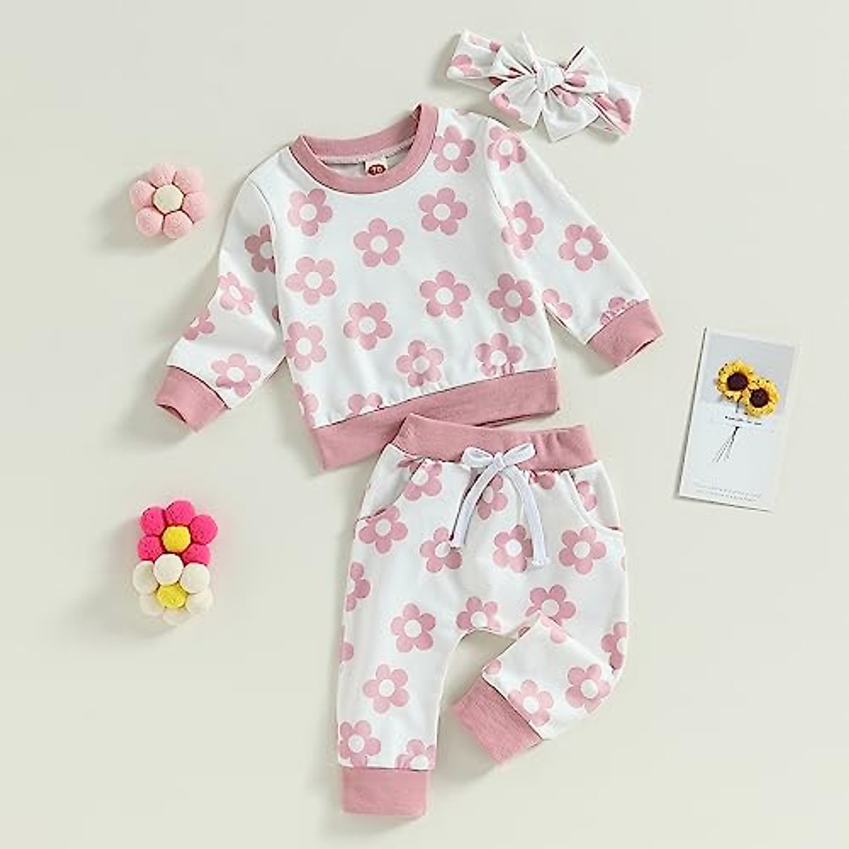 Douhoow Infant Baby Fall Outfit Baby Girl Flowers Sweatshirt Drawstring Pants Baby Girl Clothes Set (Pink, 0-6 Months)