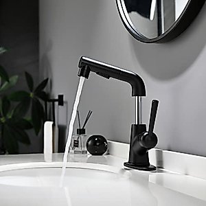 Joozer Matte Black Bathroom Pull Out Faucet Bathroom Faucet with Pull Out Sprayer RV Faucet for Bathroom Sink Lavatory Single Hole 3 Mode Rotating Spout for Cold and Hot Water with 6 Inch Deck Plate