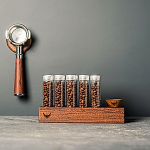 Single Dose Coffee Bean Storage Tubes KNODOS Coffee Bean Cellar 10 Pcs Dosing Glass Vials With Lids (2 Oz) Wooden Display Stand And Funnel