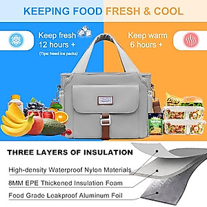 MAPLELILY Lunch Bag for Men Women, Insulated Lunch Tote Bag for Work, Lunch Box Women, Large Leak Proof Lunch Cooler, With Shoulder Strap Adult Lunch Bag, For Picnic Beach Hiking, Grey