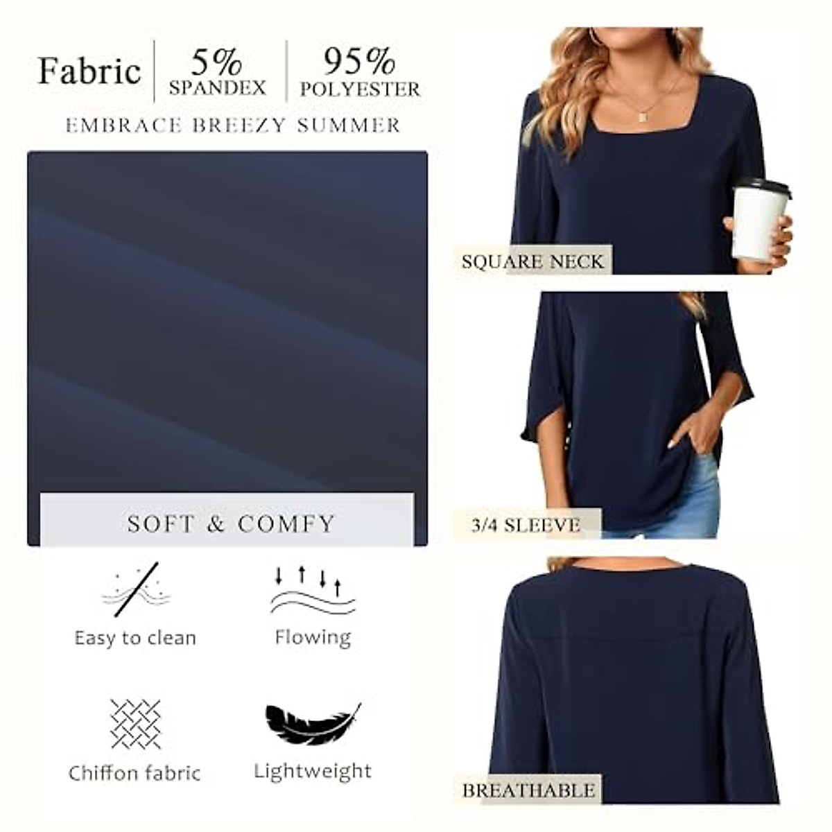 TAOHUADAO Womens 2025 Summer Casual Square Neck Loose Tunic Top for Leggings 3/4 Sleeve Chiffon Blouse Shirt Tops Large, Navy Blue