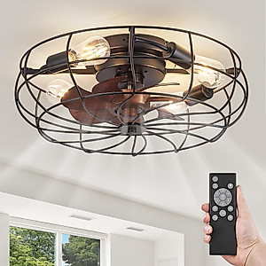 LEDIARY 20" Caged Ceiling Fans with Lights and Remote, Flush Mount Bladeless Ceiling Fan Low Profile, Small Farmhouse Industrial Enclosed Ceiling Fan with Light for Bedroom, Kitchen, Indoor
