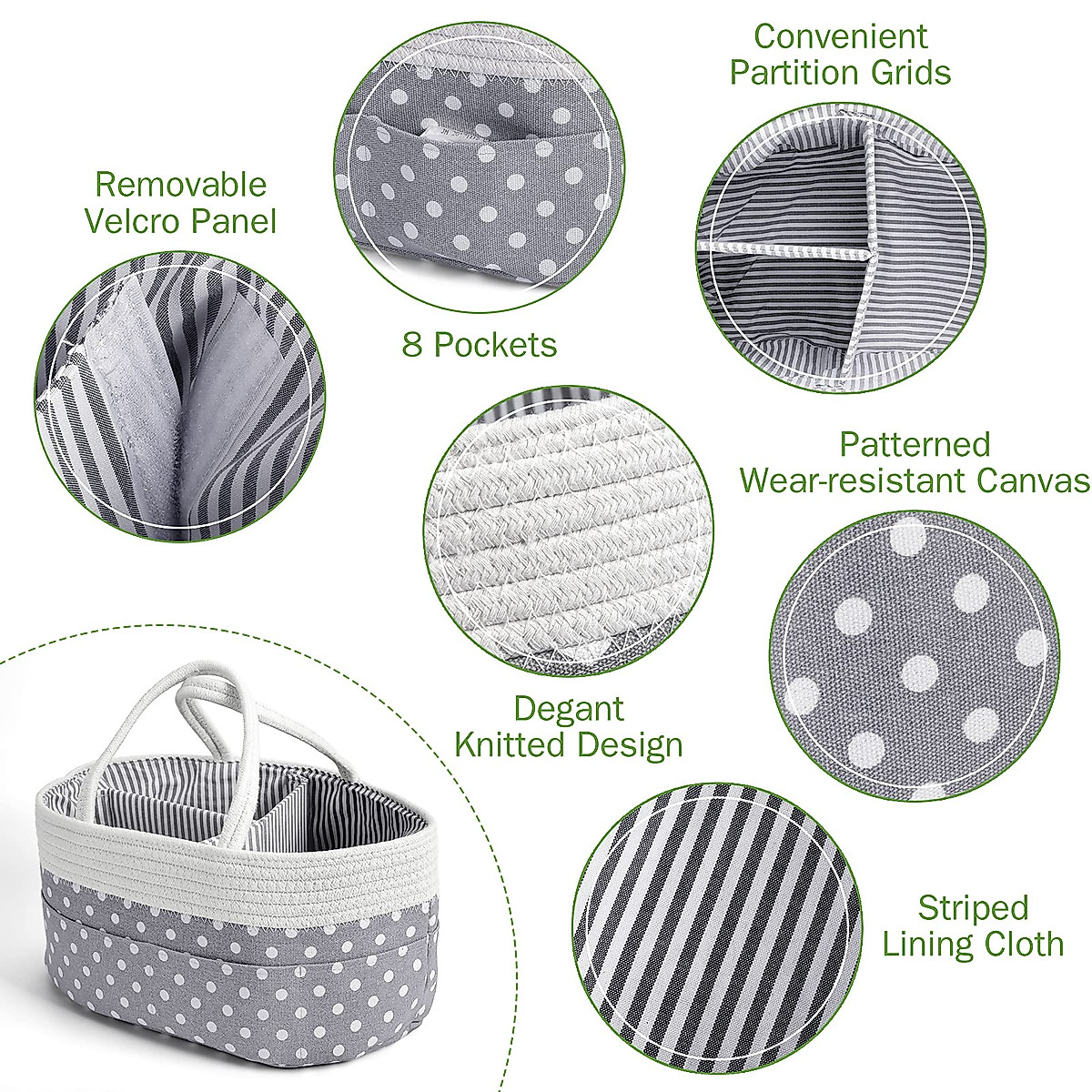 Baby Diaper Caddy Organizer, Rope Nursery Storage Basket with Removable Division Inserts, 3 Grids 8 Pouches, for Baby Boy or Girl Shower Gifts Newborn Essential Stuff Registry Must Haves Item