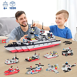 WishaLife City War Military Battleship Toy Building Blocks Set, with Army Truck Toys, Car Toys, Boat Toy, Airplane Toy, Helicopter Toy, WW2 Construction Toys Gift for Kids Boys Girls Aged 6 Plus