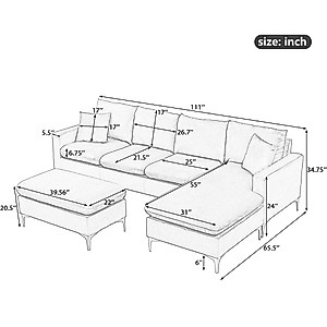 FANCUF 110.6" Sectional Sofa with Ottoman, L-Shape Elegant Velvet Upholstered Couch for Living Room Apartment(D)
