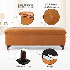 LUE BONA Storage Ottoman Bench, 49" Brown Faux Leather Storage End of Bed Bench, Modern Upholstered Window Bench with Thicker Seat/Nailhead Trim/Safety Hinge for Bedroom, Living Room, 300LB