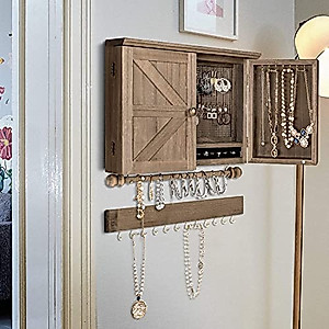 FANTASK Rustic Wall Mounted Jewelry Organizer Cabinet, Wooden Hanging Jewelry Holder Box w/Barndoor, Removable Bracelets Rod, Hooks Shelf, Removable Bracelet Rod & Hook Organizer for Hanging Jewelry
