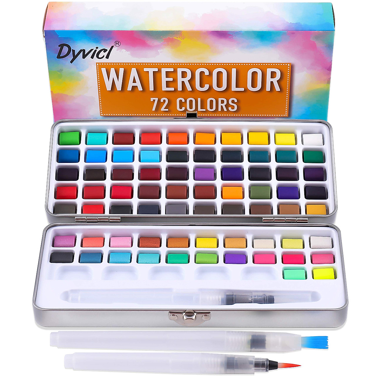 Dyvicl Watercolor Paint Set, 72 Colors in Pocket Box with Water Brushes, Protable Travel Watercolor Set for Kids, Adults, Beginners, Artists Painting