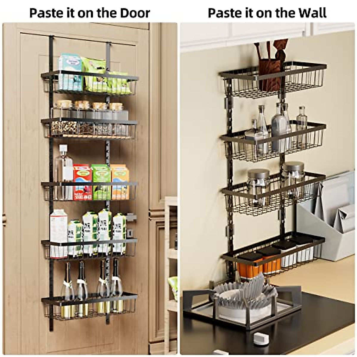 Over The Door Pantry Organizer 5 Tier,Pantry Organization and Storage,Heavy-Duty Metal Pantry Door Organizer with 5 Baskets,Adjustable Hooks for Doors Thickness Between 1.5 to 3 inch