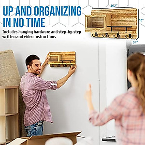 WallKeep Mail and Key Holder for Wall with Decorative Key Hooks - Wall Mount in Entryway, Mudroom or Office. Solid Wood Mail Organizer Floating Shelf Key Rack, Leash Holder and Key Hanger for Wall.