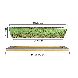 ARTKETTY Succulent Pots, 9.8 Inch Ceramic Succulent Planters with Drainage Small Bonsai Pot with Bamboo Tray, Mini Cactus Flower Planter Pot Shallow Rectangular Window Planters for Indoor Plants