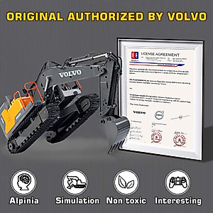 DOUBLE E Volvo RC Excavator 17 Channel 3 in 1 Construction Toys, 17 Channel Remote Control Vehicles Tractor Sandbox Toys Digger with Metal Shovel Drill Grab RC Truck for Kids Adults
