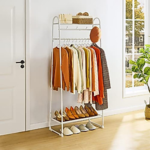 Tajsoon Clothes Rack, Freestanding Clothing Rack with Coat Hook, Metal Garment Rack with 2 Storage Display Shelf, Rustic Brown Wood, White