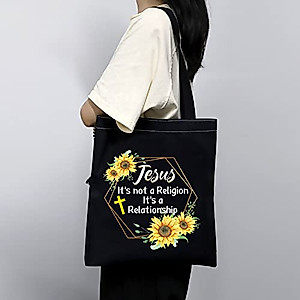 MBMSO Jesus Tote Bag It's Not a Religion It's a Relationship Shoulder Bag Christian Sunflower Gifts Religious Shopping Bags (Jesus TB-black)