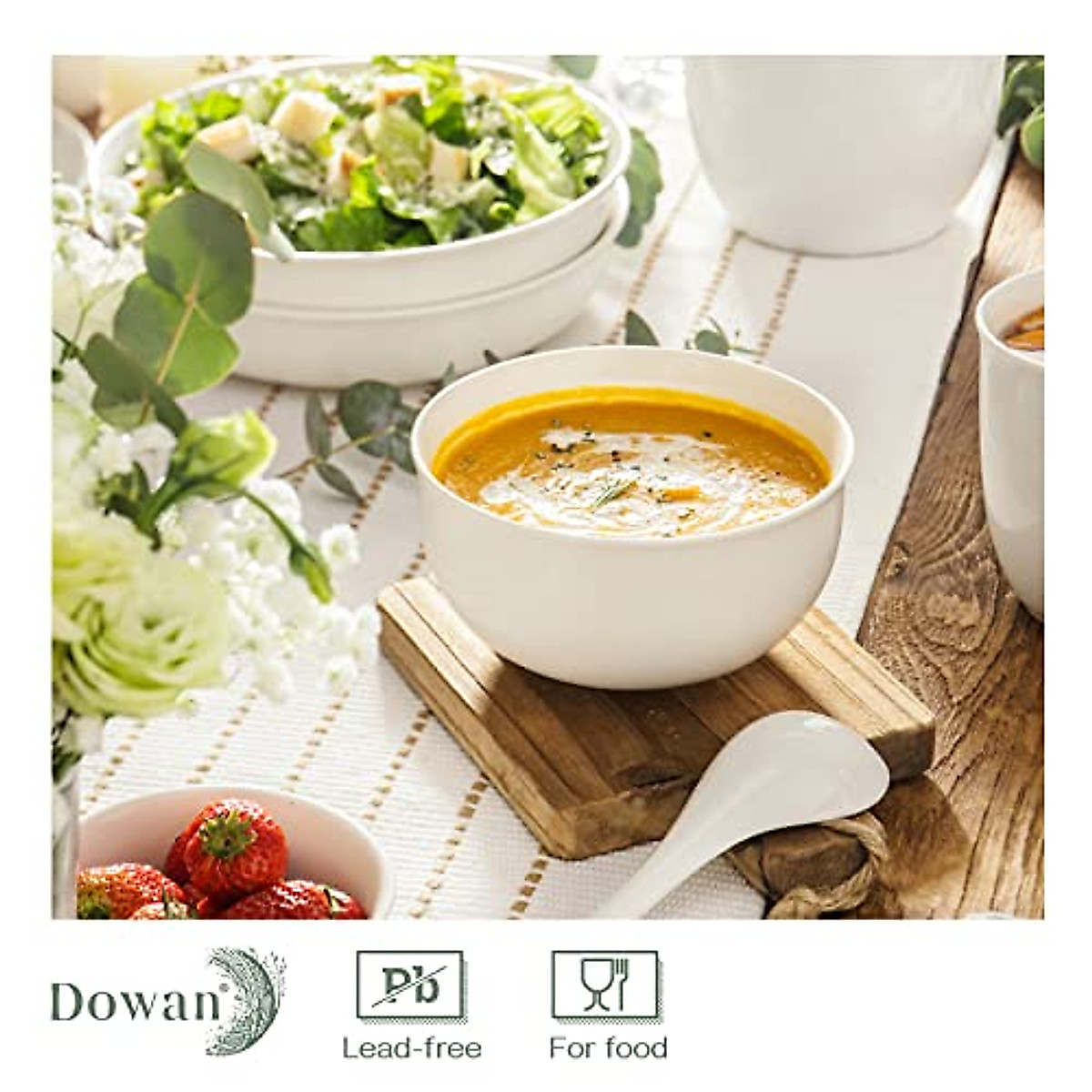 DOWAN Ceramic Soup Bowls, 32 Ounces Cereal Bowl Set for 6, Porcelain Salad Bowls for Kitchen, White Bowls for Cereal Soup Ramen Pasta Salad Oatmeal, Dishwasher and Microwave Safe