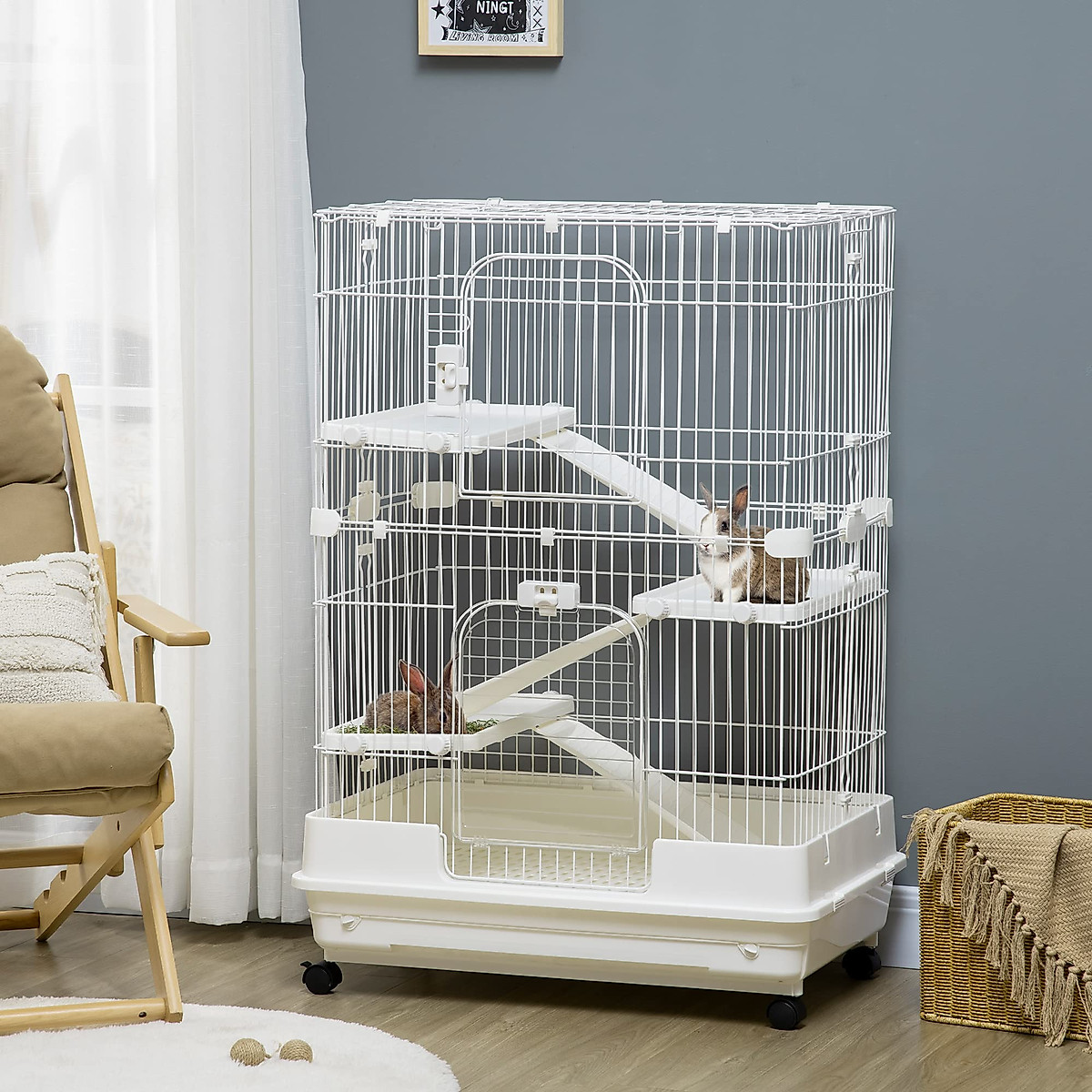 PawHut 4-Level Small Animal Cage Rabbit Hutch with Wheels, Removable Tray, Platform and Ramp for Bunny, Chinchillas, Ferret, White