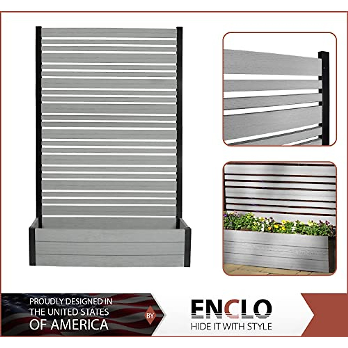 Enclo Privacy Screens EC18025 6ft H x 4ft W x 1ft L 6ft H x 4ft W x 1ft L Florence WoodTek Vinyl Outdoor Freestanding Privacy Fence Screen Panel and Planter Box Kit (1 Screen), Ash