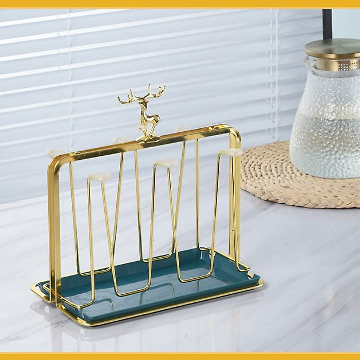 WondMall Bottle Drying Rack, Water Bottle Organizer, Grass Bottle Drying Rack, Bottle Rack Dryer, Mug Rack with Golden Deer Handle, Pack of 2