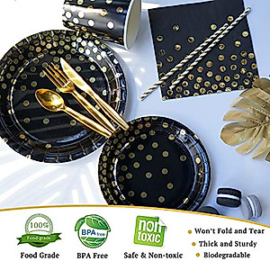 DECORLIFE Black Paper Plates, 400PCS Serves 50, Black and Gold Plates and Napkins Party Supplies, 12oz Cups, Utensils, Straws for Graduation Homecoming Retirement Anniversary Birthday Party