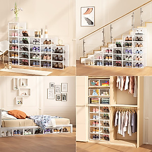 12 Pack XX Large Shoe Organizer Storage Boxes for Closet, Modular Space Saving Shoe Boxes Clear Plastic Stackable Sneaker Containers Display Case with Lids, White