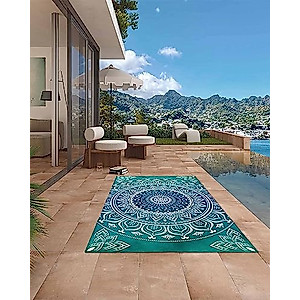 Outdoor Rugs, Waterproof Indoor Carpet, Blue and Green Medallion Custom 4'x6' Outside Area Rug for Patios RV Camping Beach Floor Mat for Balcony Bed Room Living Room Dining Room Mat