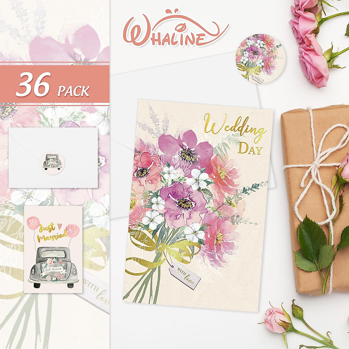 Whaline 36 Pack Wedding Card for Mr & Mrs Foil Gold Happy Couple Flower Blank Note with Envelopes Stickers for Wedding Congratulations Bridal Shower Engagement Party, 4 x 6 Inch